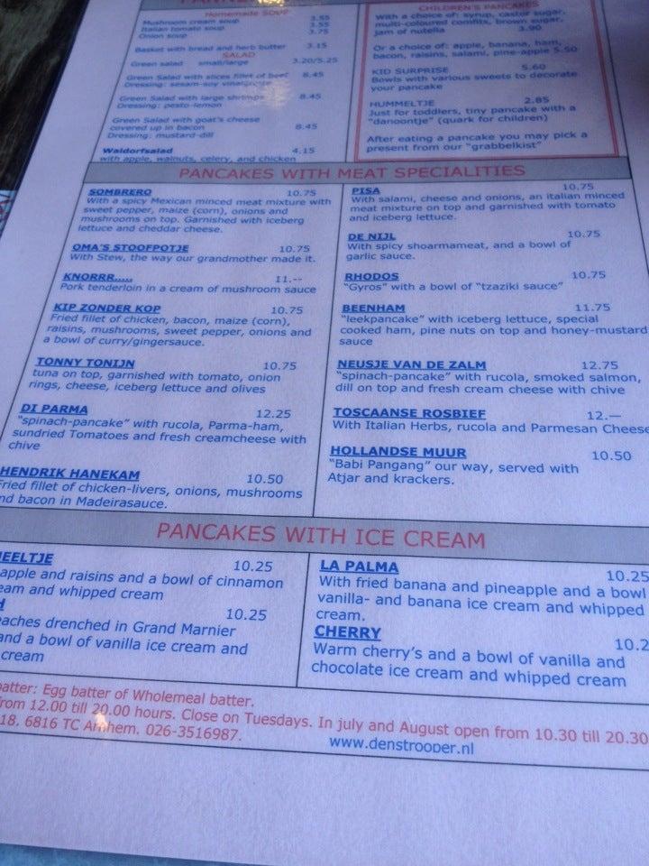 Menu at Pannenkoekenhuis Den Strooper, Arnhem