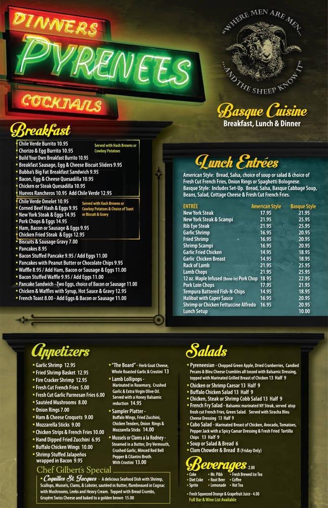 Menu at Pyrenees Cafe, Bakersfield