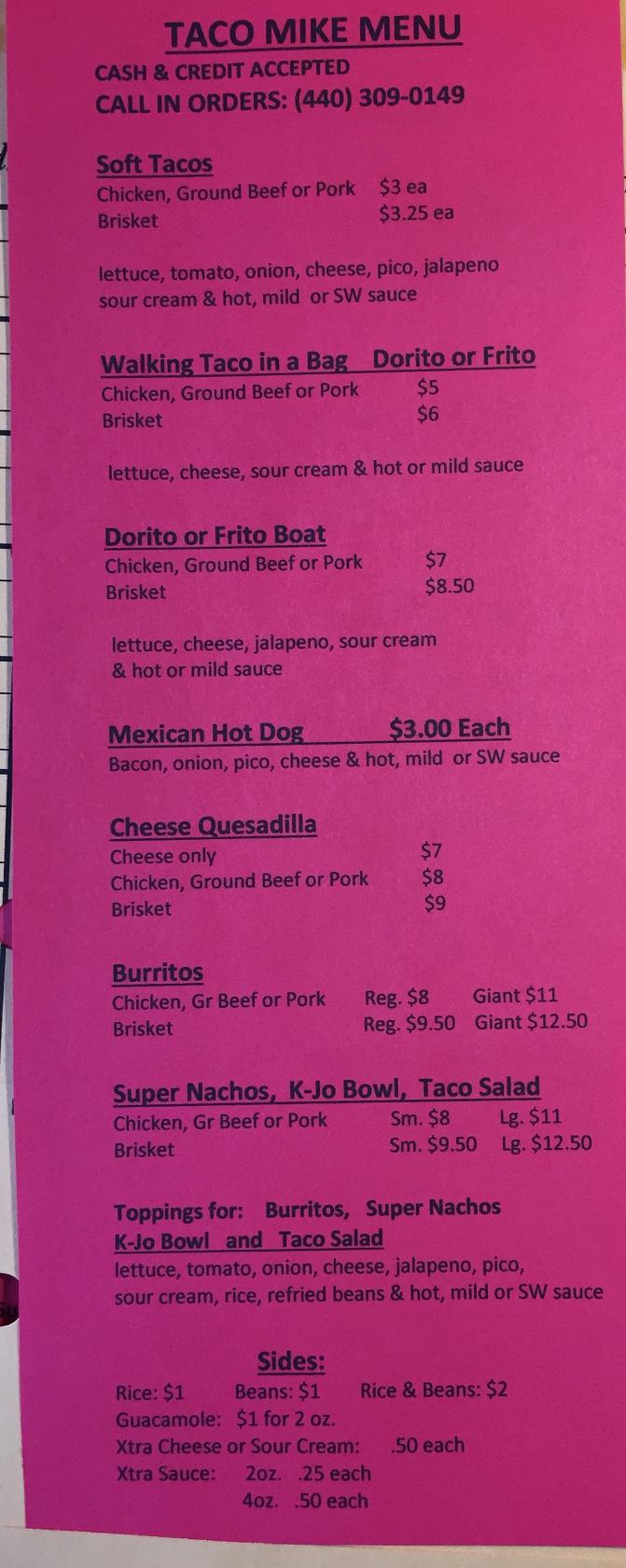 Menu at Taco Mike Food Truck, Elyria, E Broad St