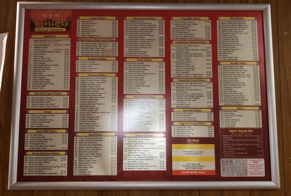 Menu at The Kinloss restaurant, Forres