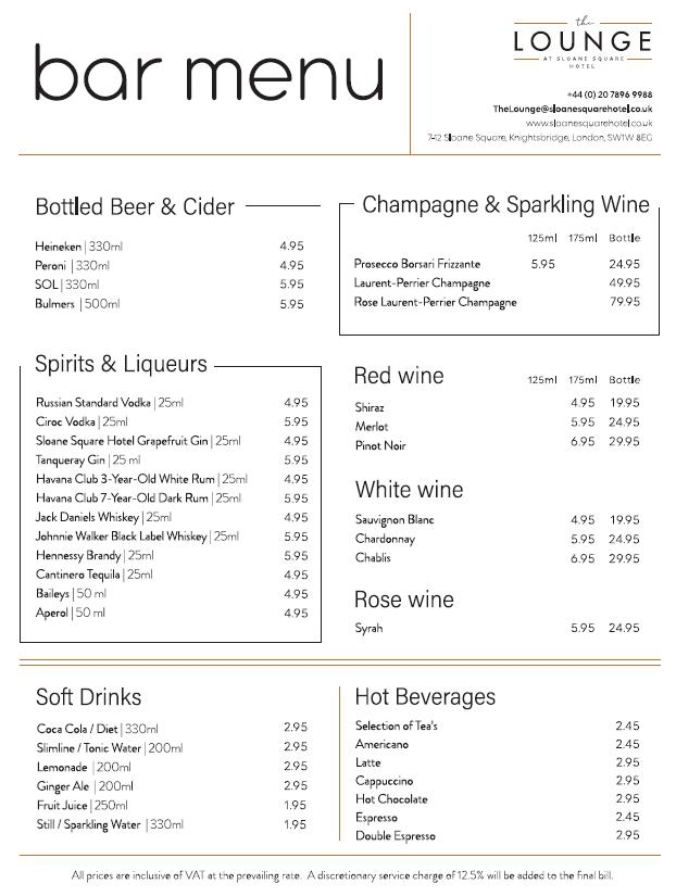 Menu at The Lounge at Sloane Square Hotel pub & bar, London