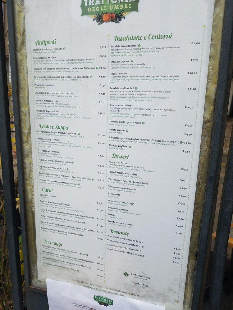 Menu at Trattoria Degli Umbri restaurant, Assisi