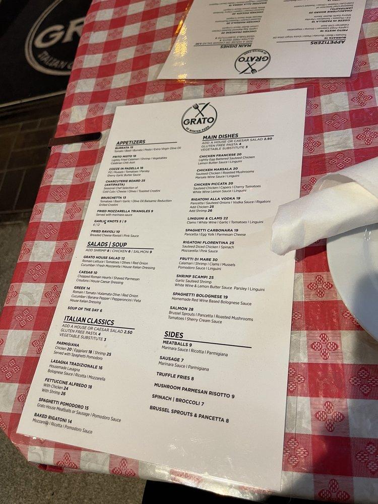Menu at GRATO Italian Kitchen of Winter Park pub & bar, Winter Park