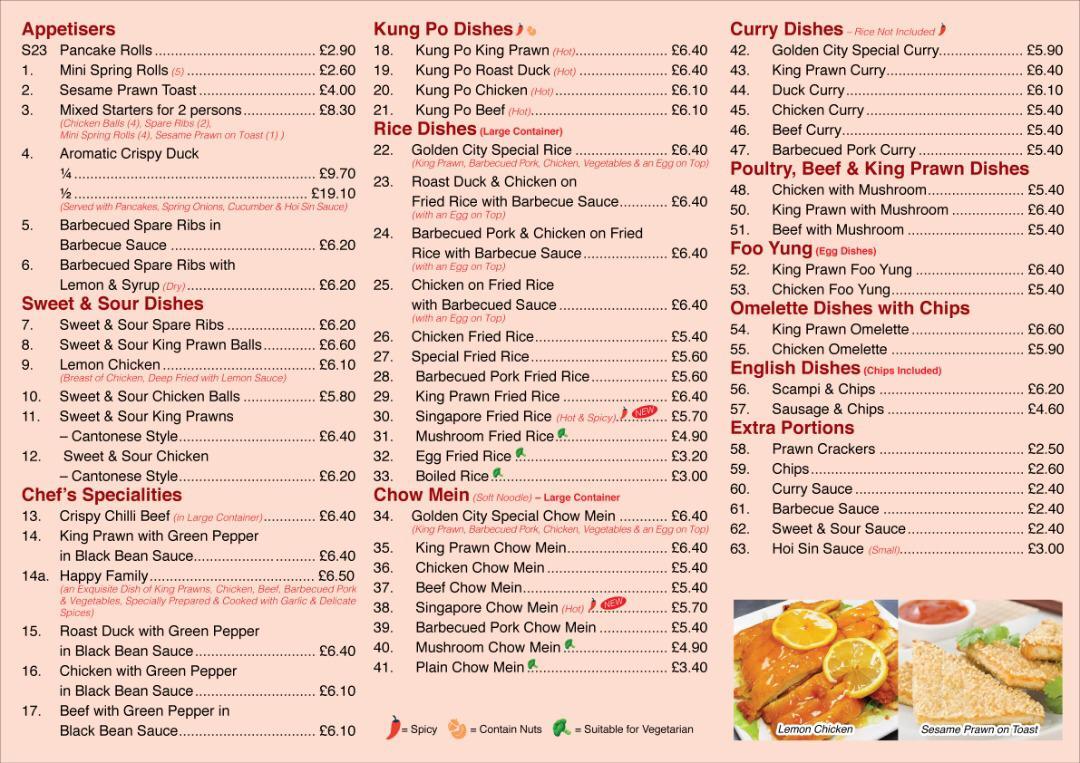 Menu at Golden City restaurant, Horning