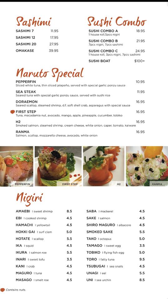 Menu at naruto show me the sushi restaurant, Roseville
