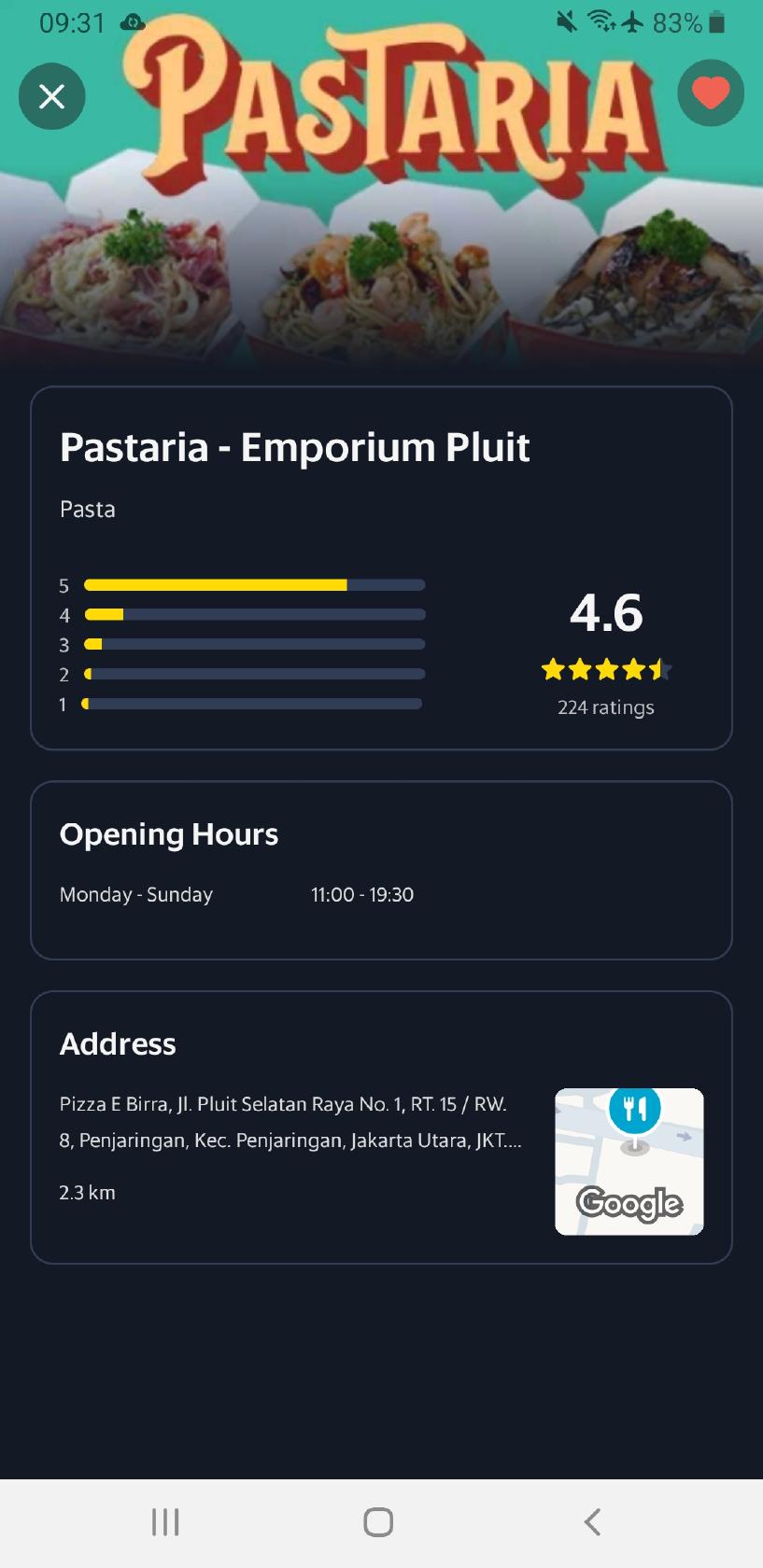 Menu at Pastaria restaurant, North Jakarta