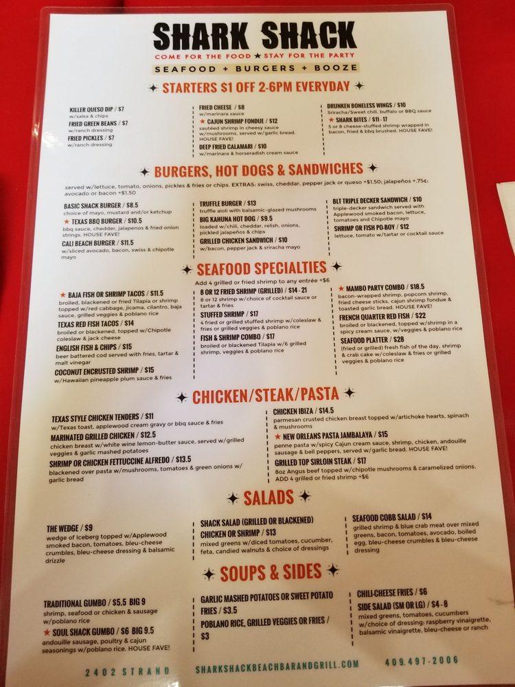Menu at Shark Shack restaurant, Galveston