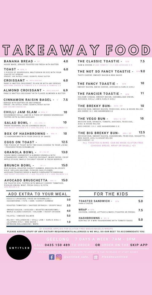 Menu at Untitled Cafe - Geelong, Geelong