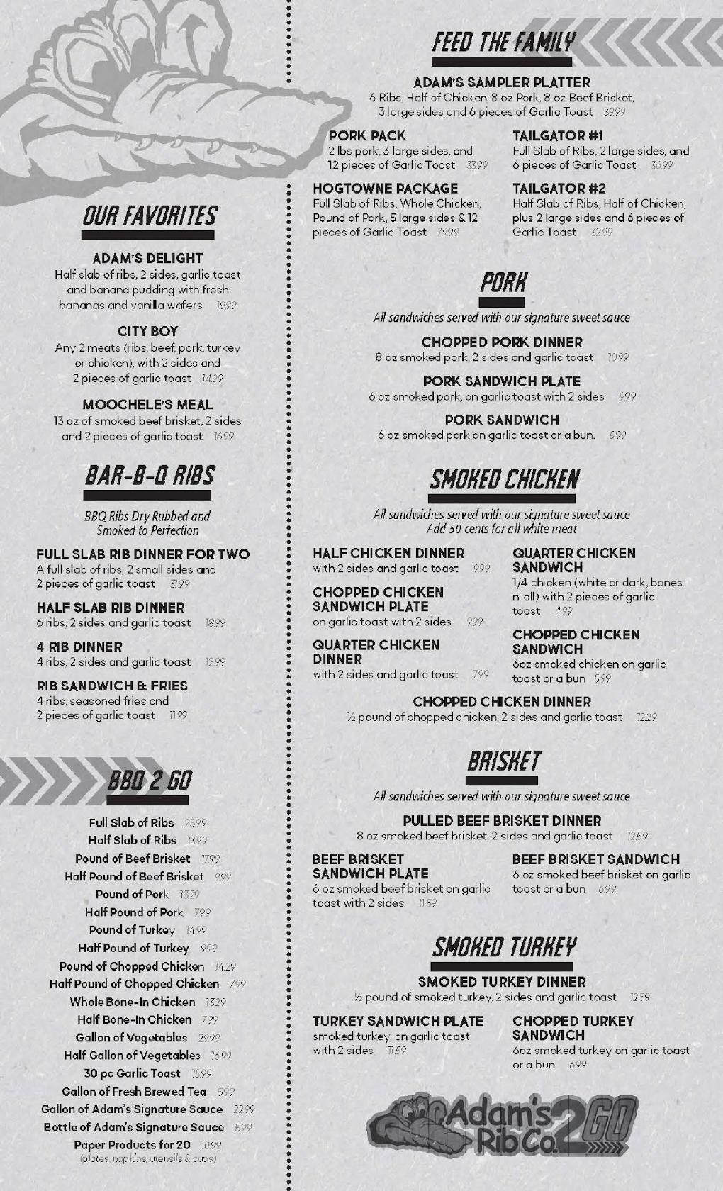 Menu at Adam’s Rib Co. 2 Go restaurant, Gainesville
