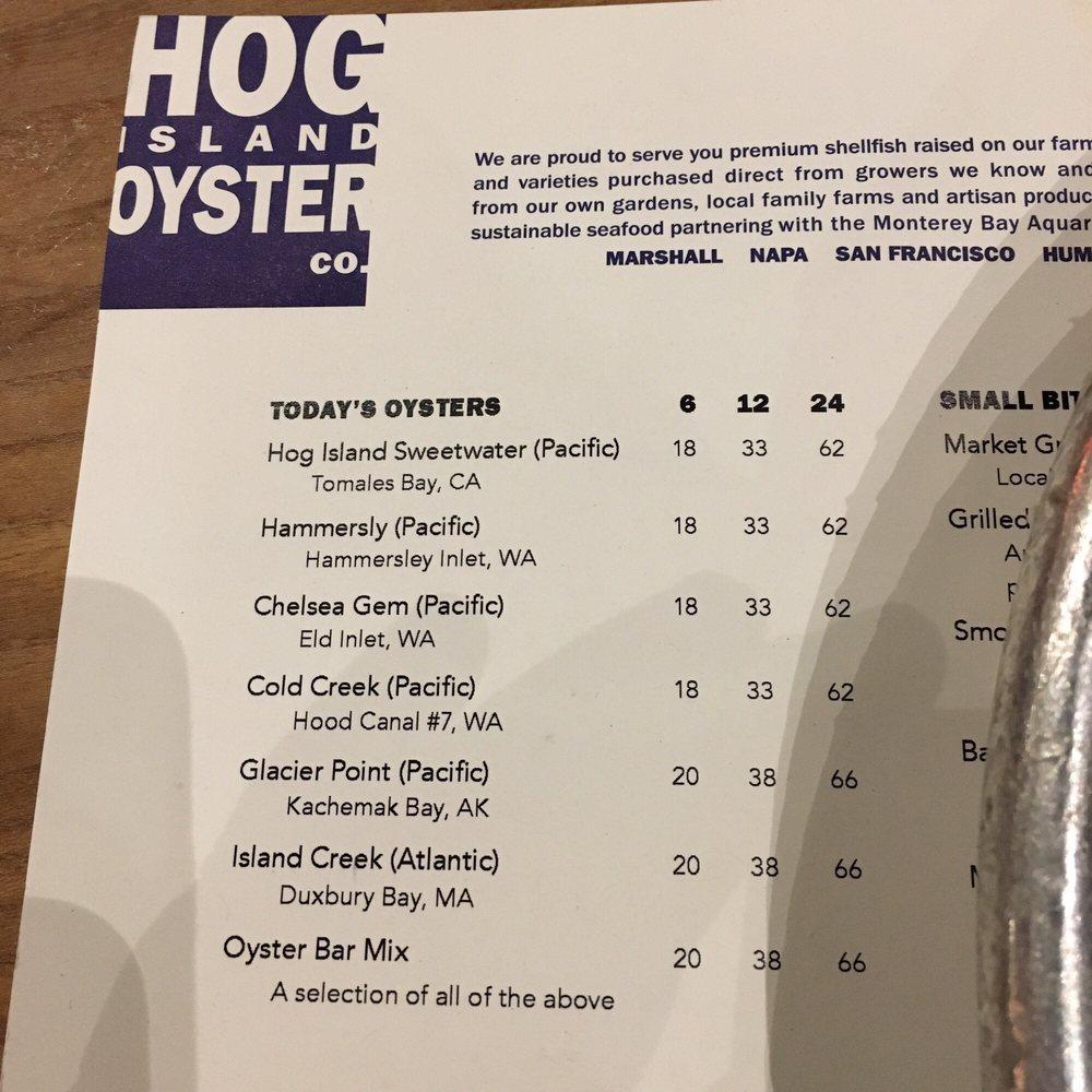 Menu at Hog Island Oyster Co restaurant, Napa