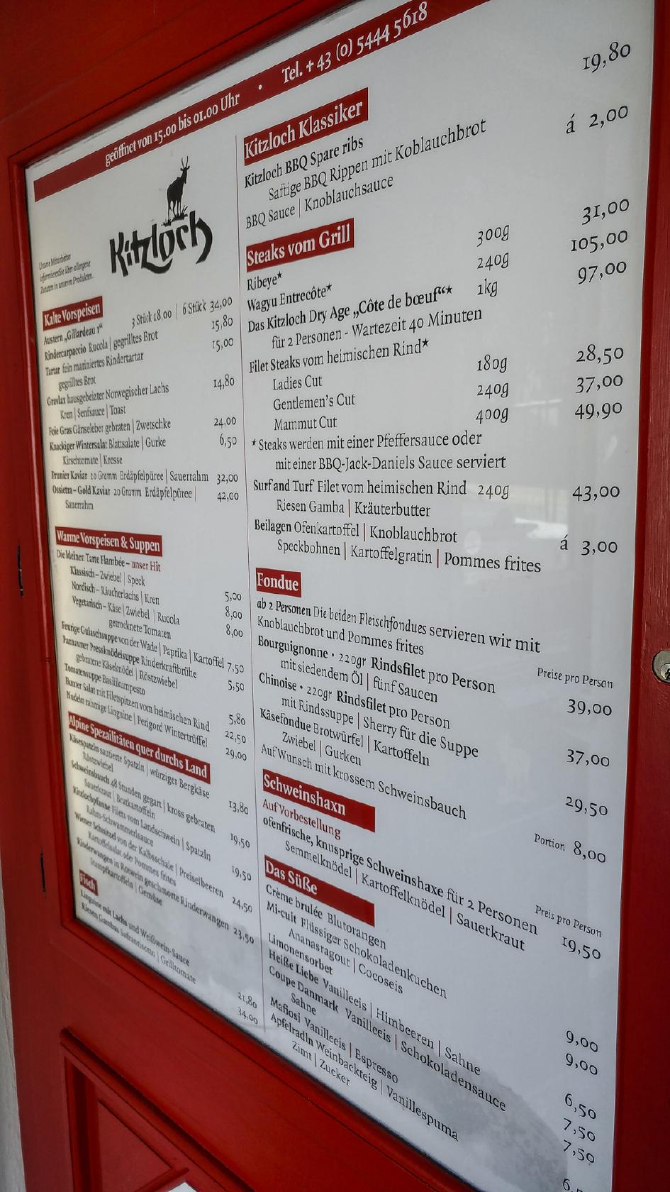 Menu at Kitzloch Ischgl pub & bar, Ischgl
