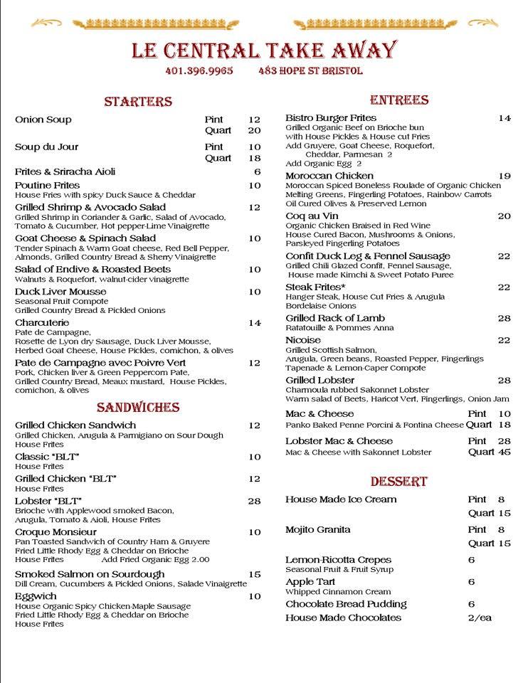 Menu at Le Central pub & bar, Bristol, 483 Hope St