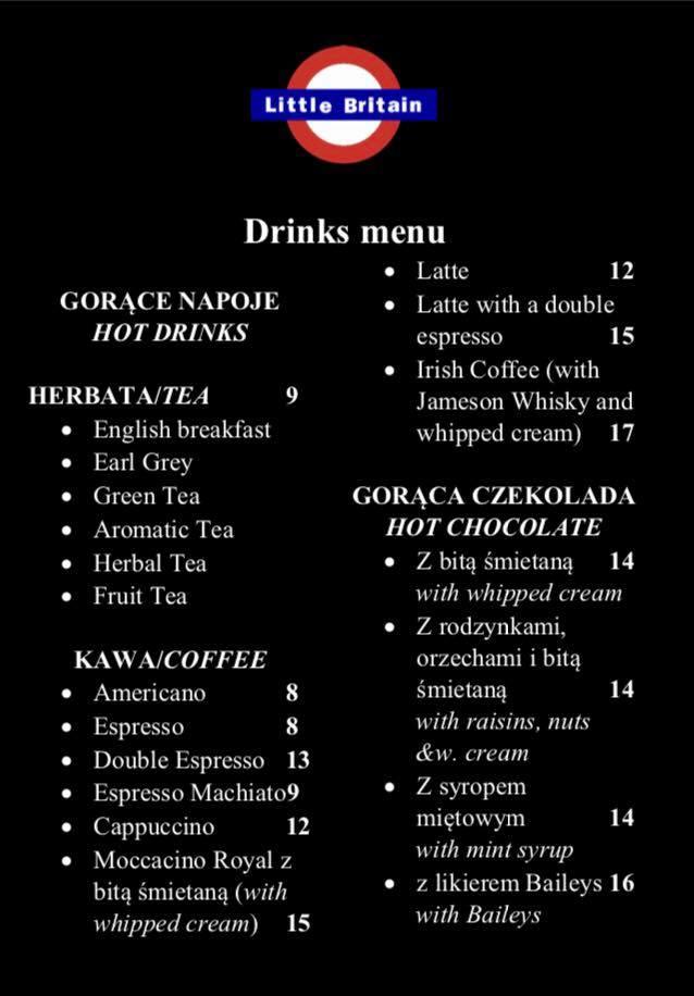 Menu at Little Britain Café & Bar, Kraków