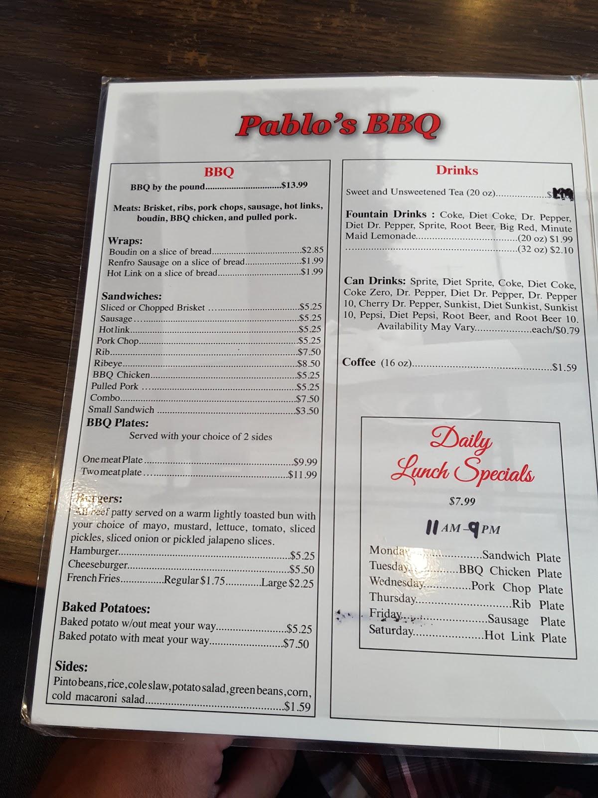 Menu at Pablo's BBQ, Lufkin, US-69
