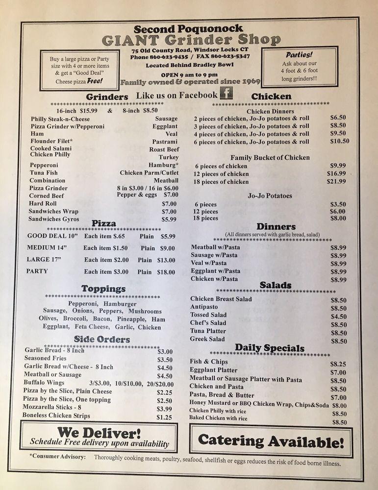Menu at Second Poquonock Giant Grinder pizzeria, Windsor Locks
