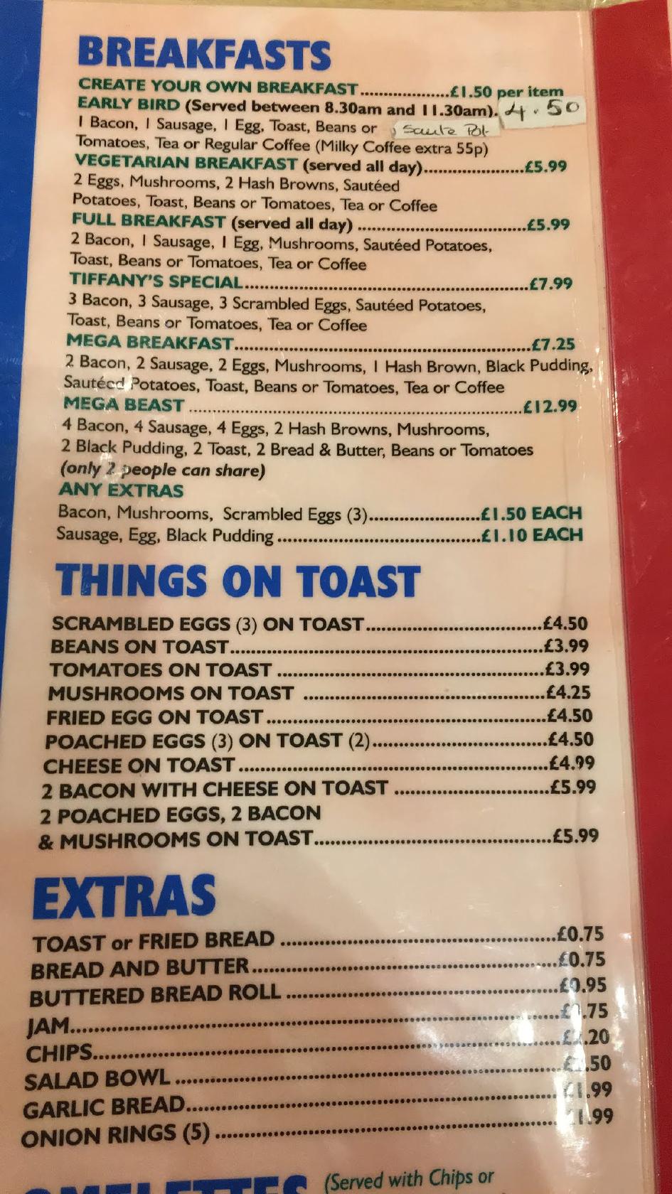 Menu at Tiffanys cafe, Swansea