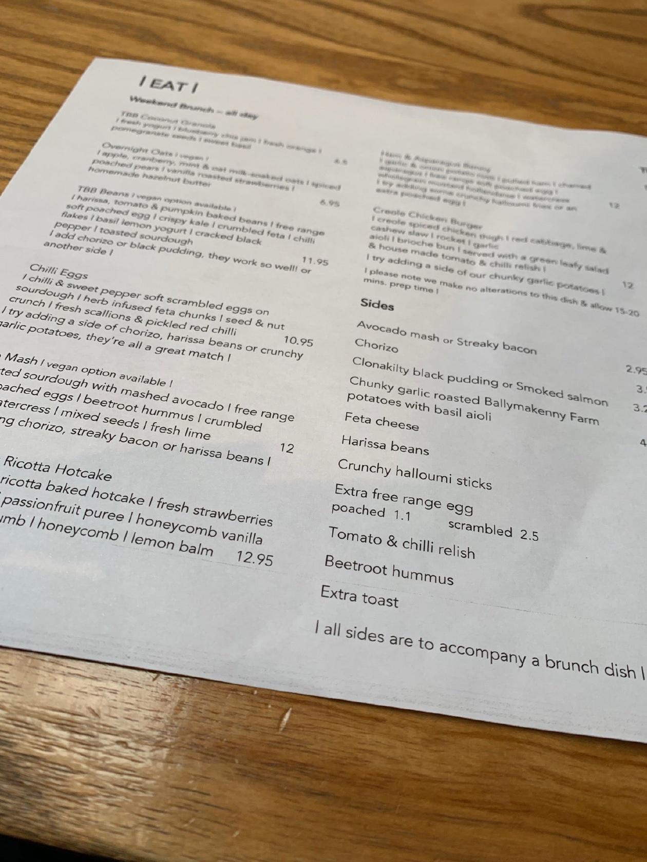 Menu at Two Boys Brew cafe, Dublin