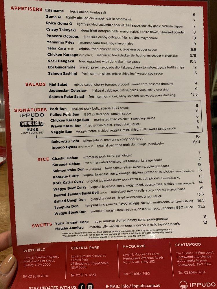 Carta del restaurante Ippudo Hordern Arcade in World Square, Sydney