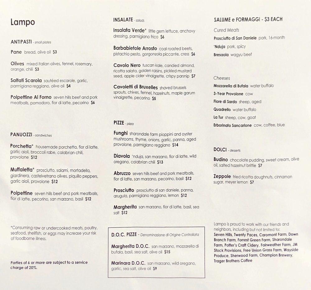 Menu at Lampo Neapolitan Pizzeria, Charlottesville
