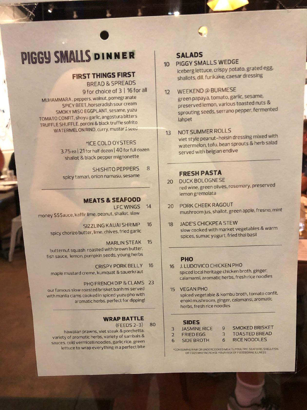 Menu at Piggy Smalls restaurant, Honolulu