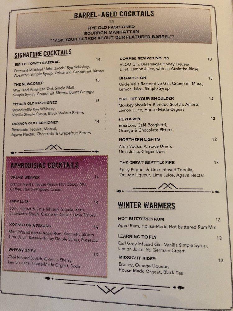 Menu at Smith Tower pub & bar, Seattle