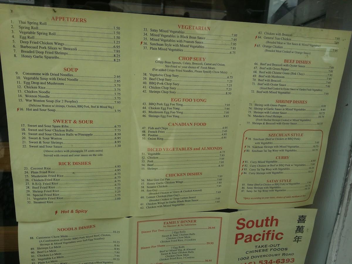 Menu at South Pacific Take Out Service restaurant, Toronto