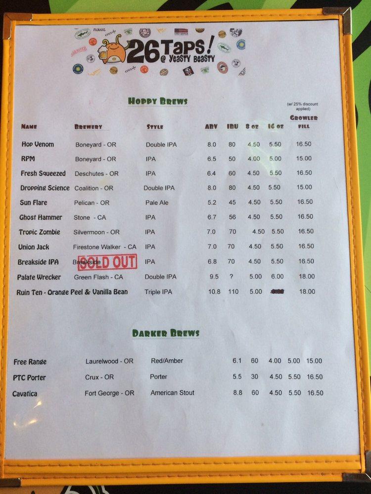 Menu at Yeasty Beasty pizzeria, Monmouth