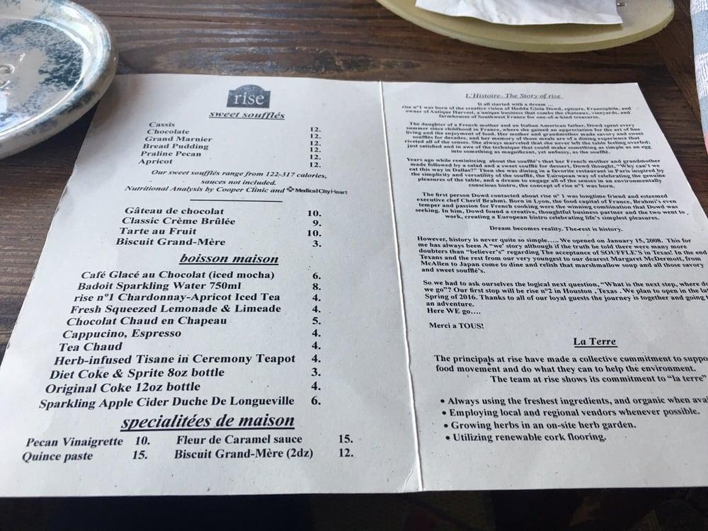 Menu at rise soufflé - Dallas pub & bar, Dallas
