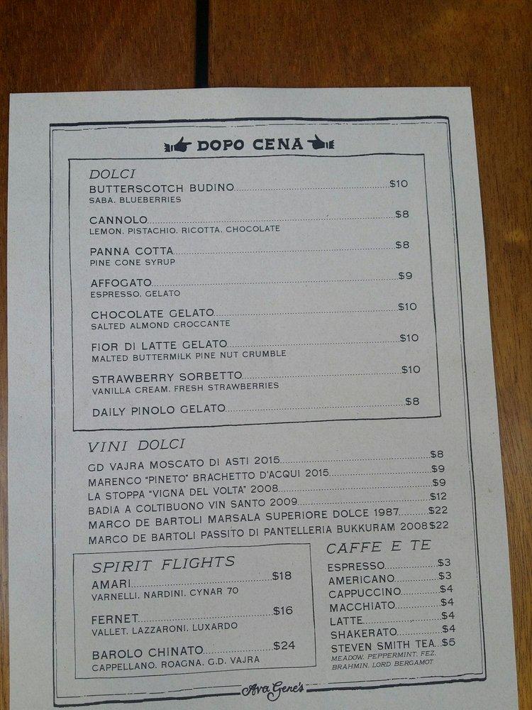 Menu at Ava Gene's restaurant, Portland