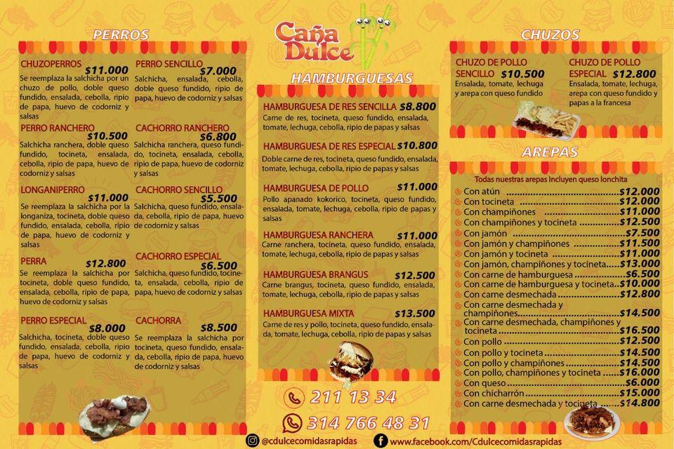 Menu at Caña Dulce restaurant, Medellín