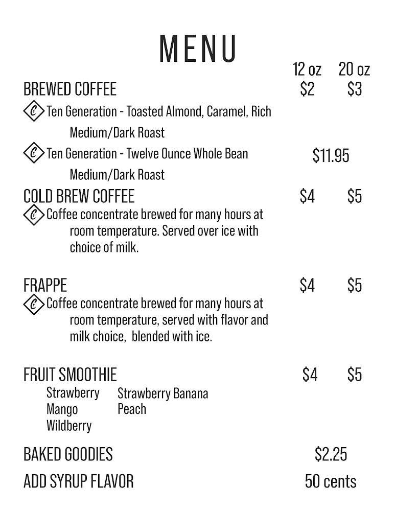 Menu at Community Coffee Co. cafe, North Branch