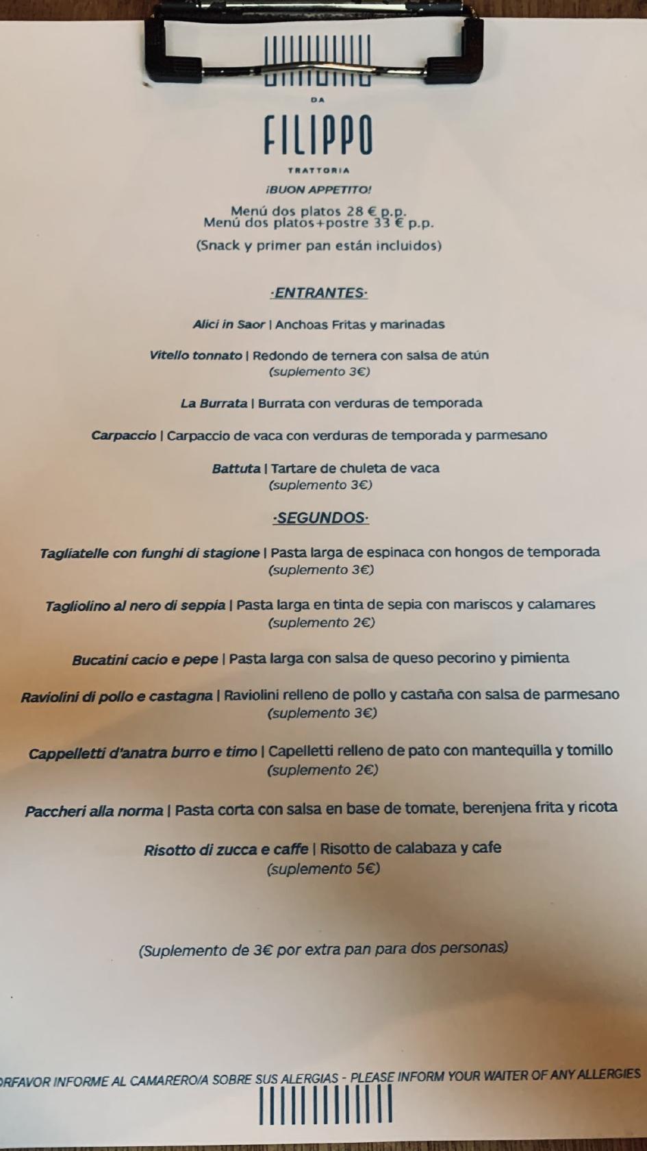 Carta del restaurante Da Filippo, San Sebastián, Prim Kalea