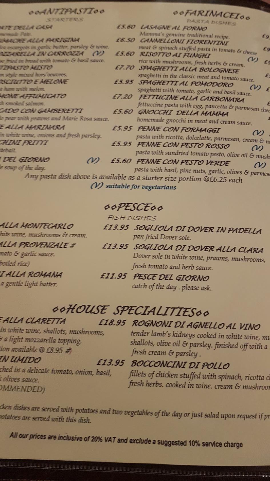 Menu at Dino's Italian Restaurant, Dover