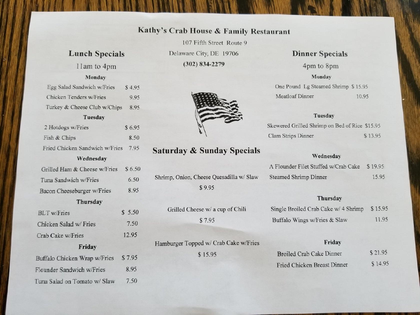 Menu at Kathy's Crab House restaurant, Delaware City