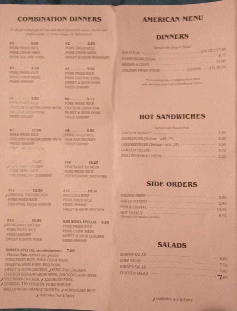 Menu at Kim Bowl Restaurant & Lounge, Longview