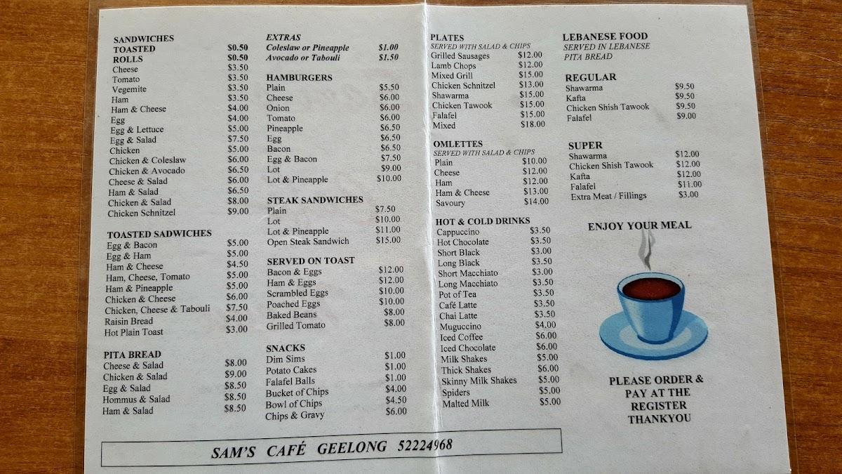 Menu at Sam's Cafe Geelong, Geelong