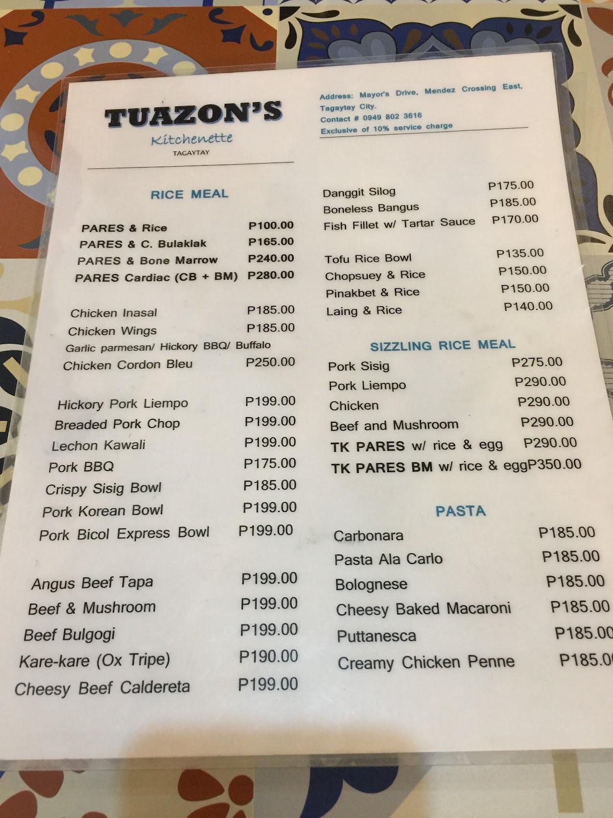 Menu at Tuazon’s Kitchenette restaurant, Tagaytay