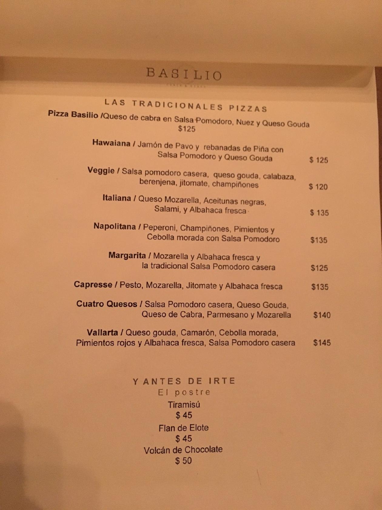 Menu at Basilio restaurant, Puerto Vallarta