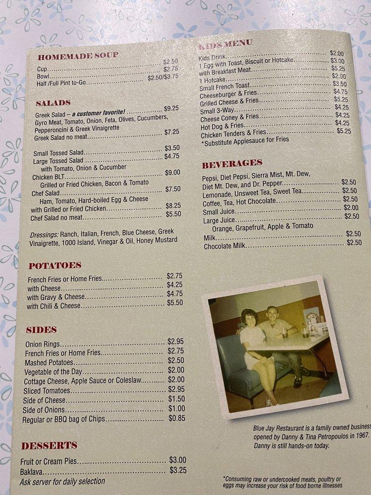 Menu at Blue Jay Restaurant, Cincinnati