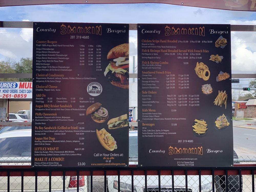 Menu at Country Smokin Burgers restaurant, Humble