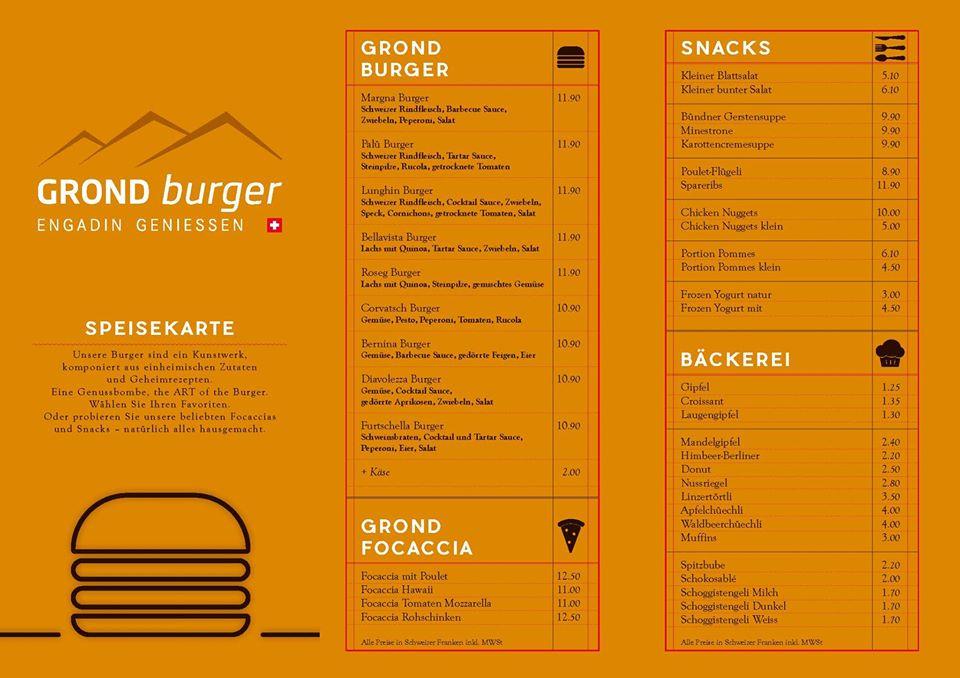 Menu at GROND Engadin, Burger Sils-Maria, Sils im Engadin/Segl