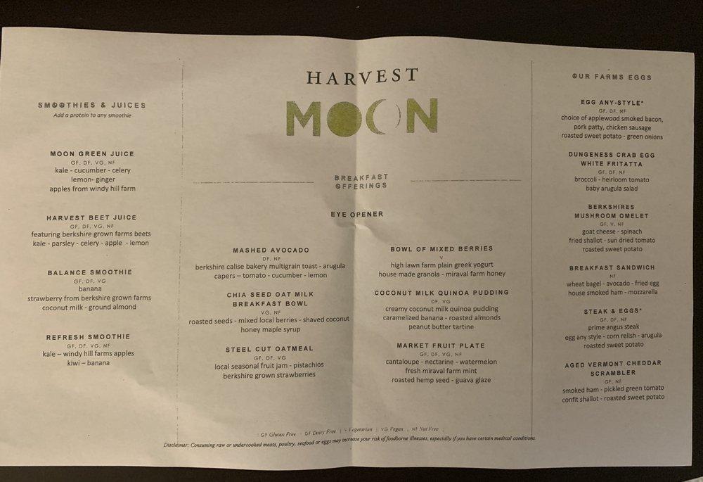 Menu at Harvest Moon restaurant, Lenox