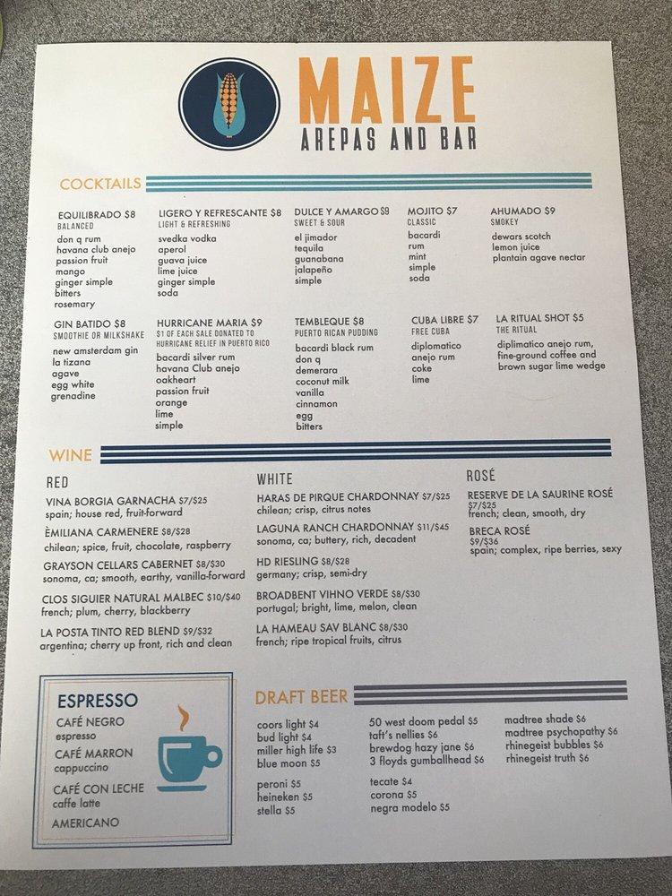 Menu at MAIZE pub & bar, Cincinnati
