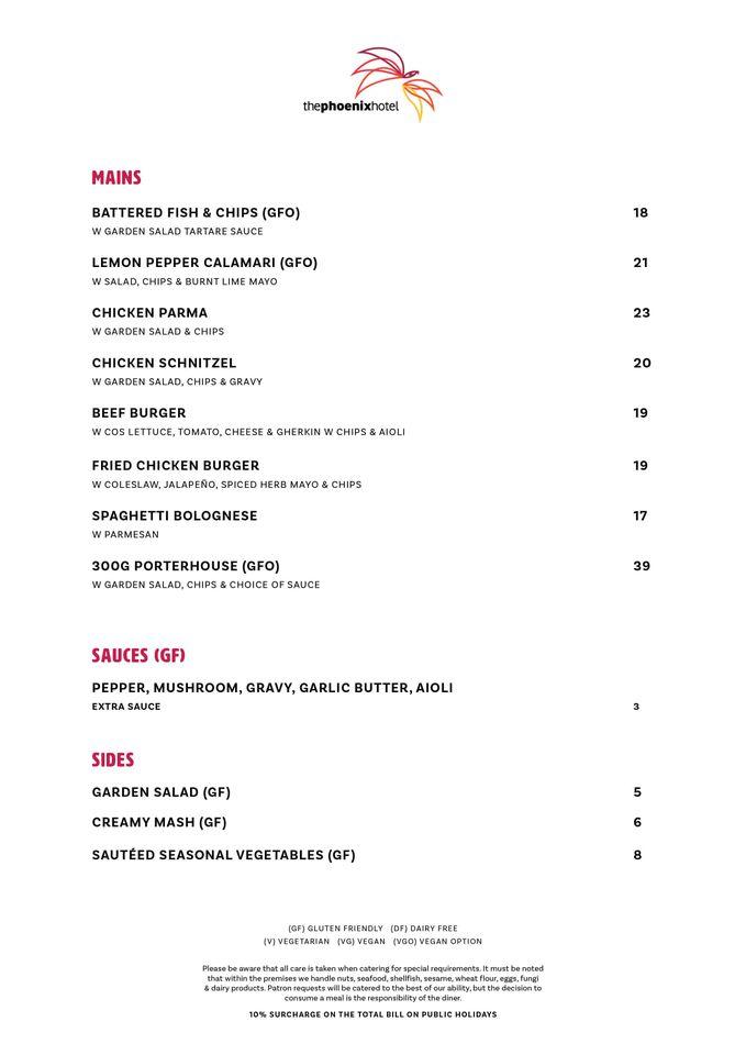 Menu at The Phoenix Hotel restaurant, Point Cook