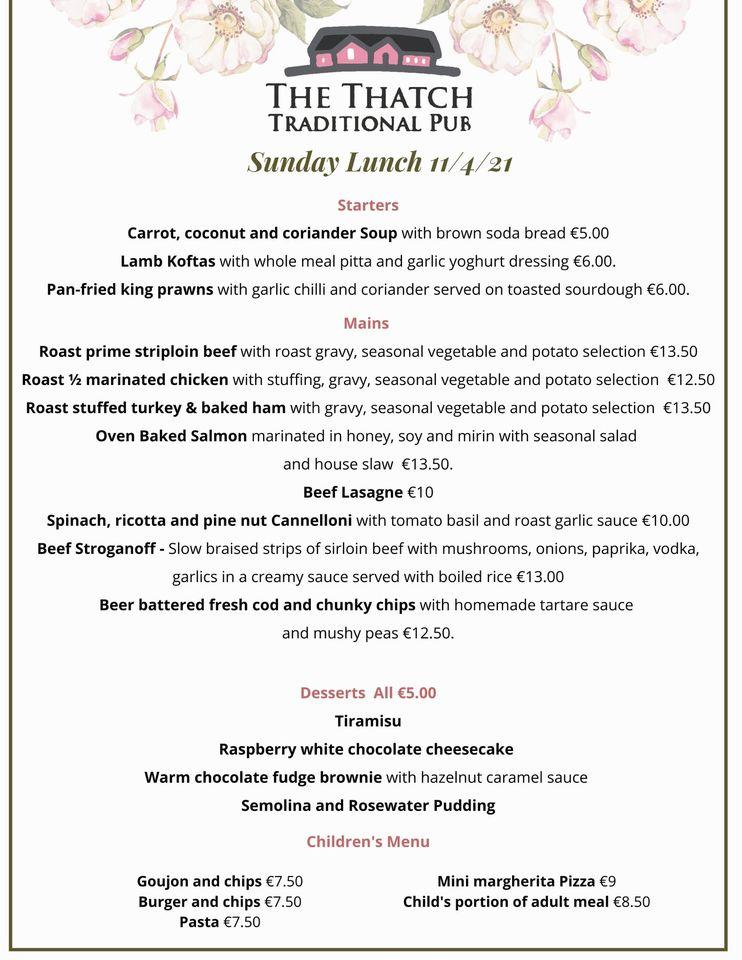 Menu at The Thatch at The Heritage Resort pub & bar, Killenard
