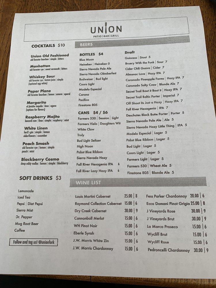 Menu at Union restaurant, Oroville