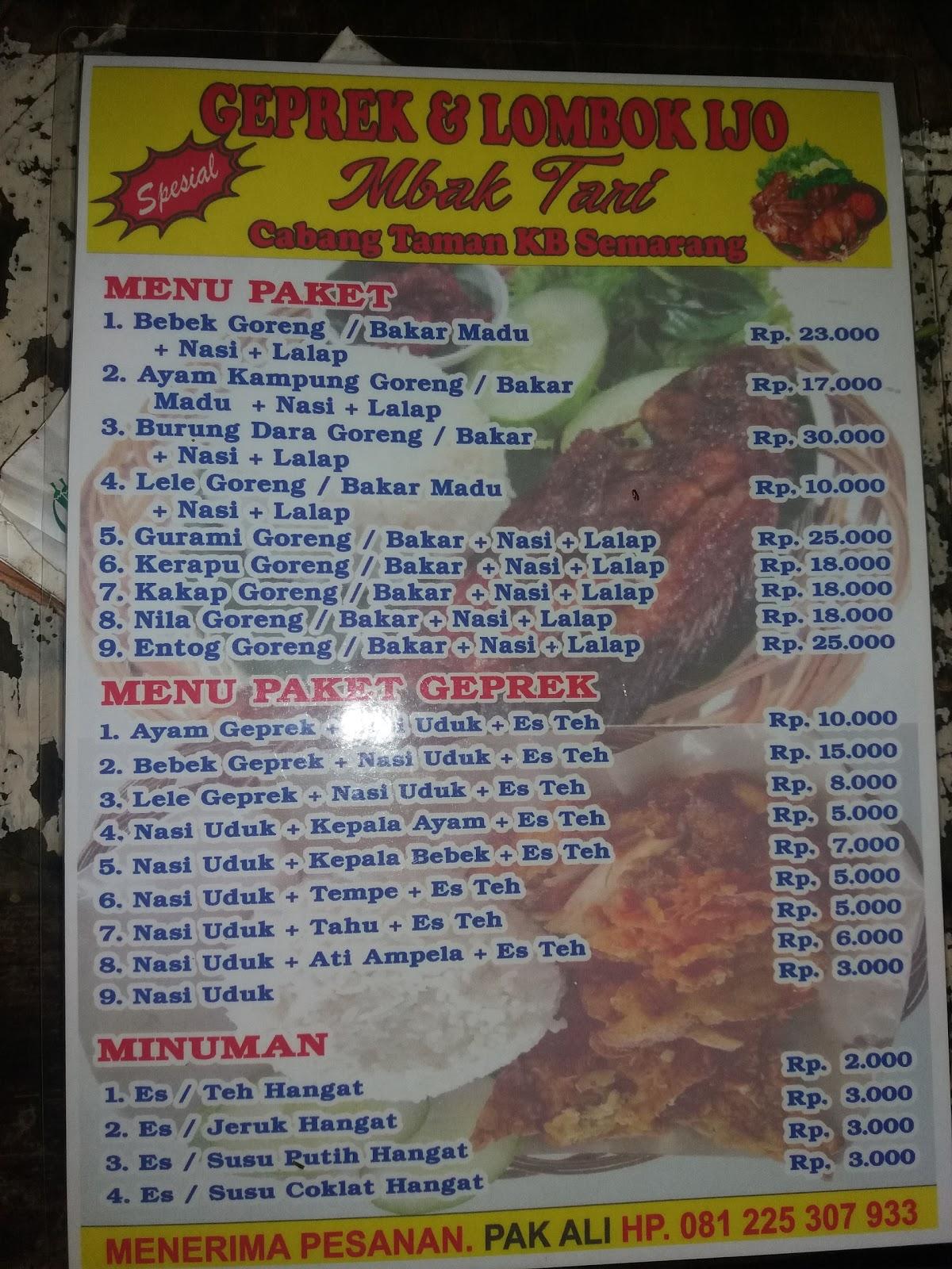 Menu at Lombok Ijo Pak Ali restaurant, Kudus