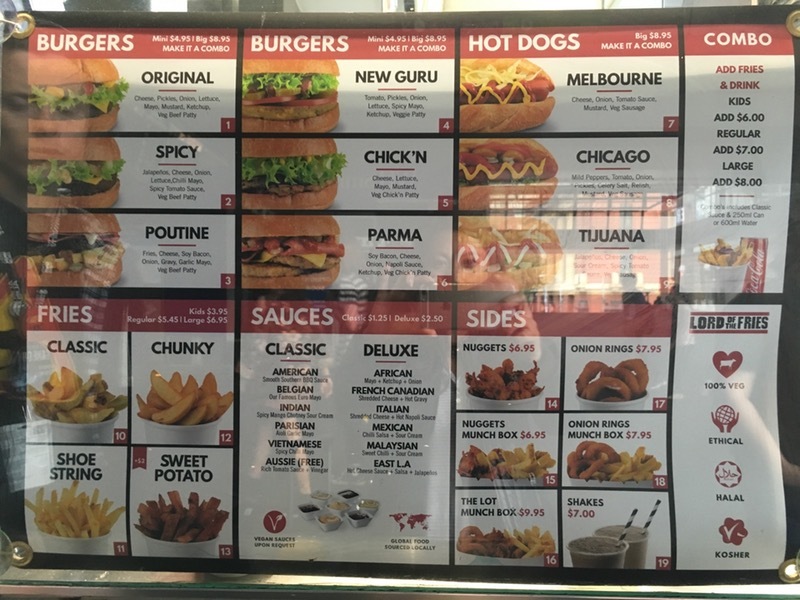 Menu at Lord of the Fries restaurant, Melbourne, Southern Cross Station
