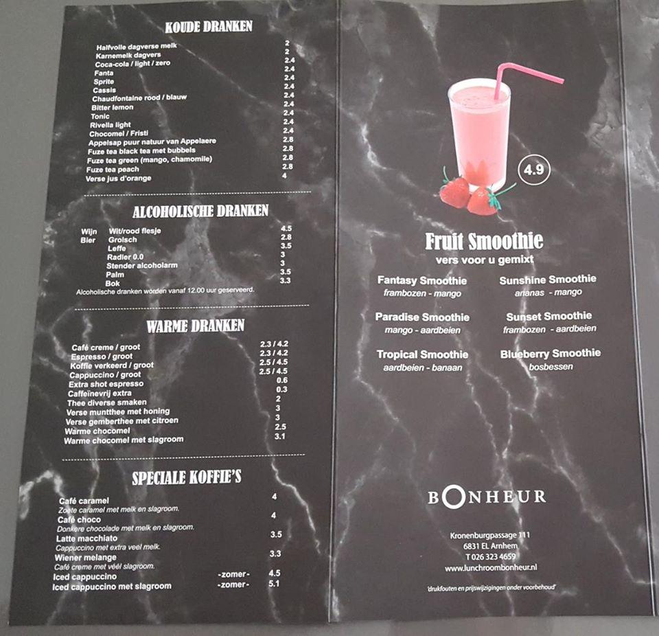 Menu at Lunchroom Bonheur, Arnhem
