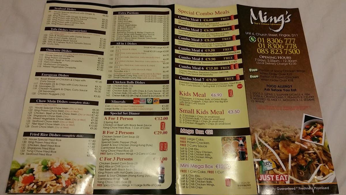 Menu at Ming's restaurant, Dublin